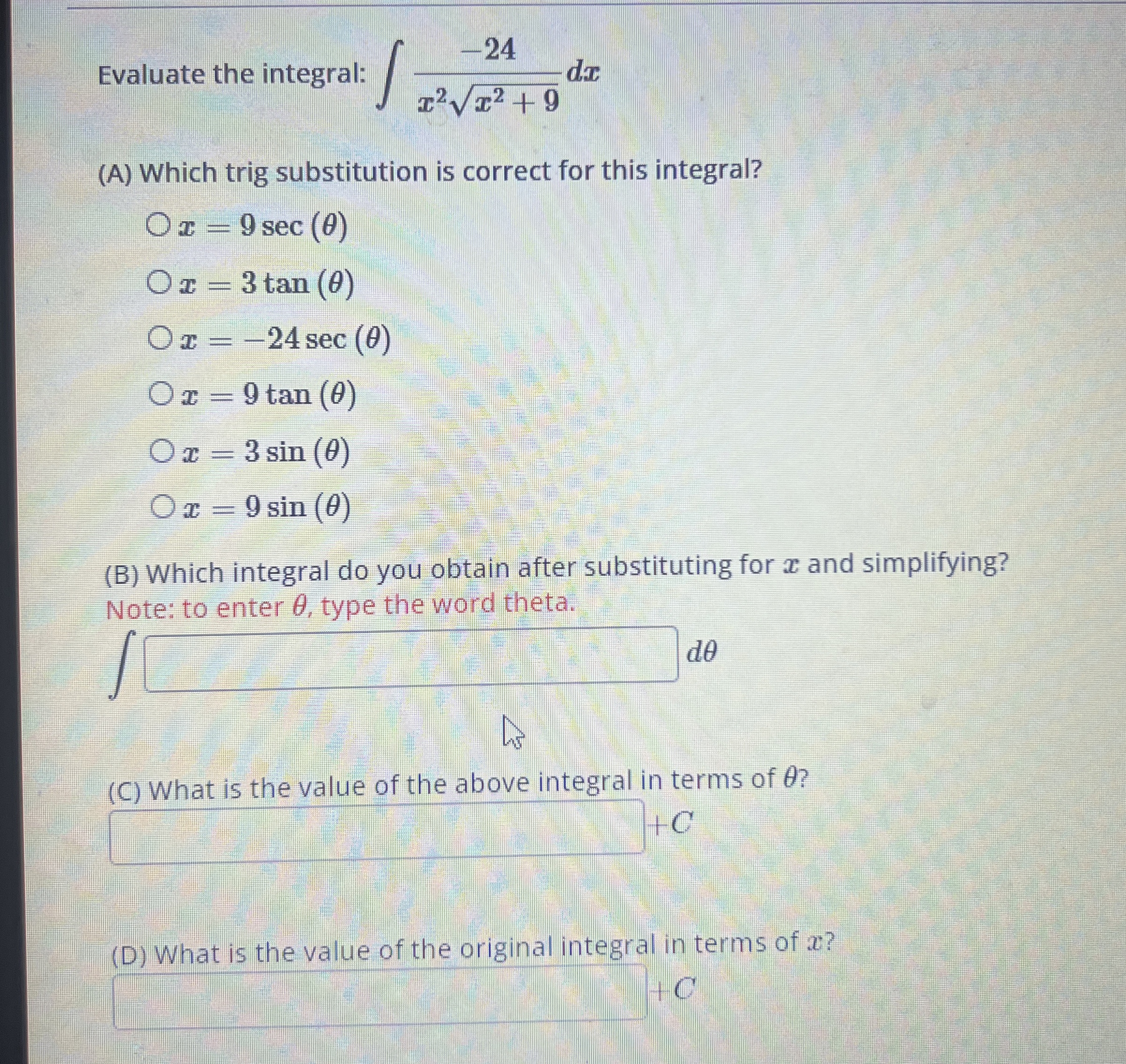 Solved (D) ﻿What is the value of the original integral in | Chegg.com