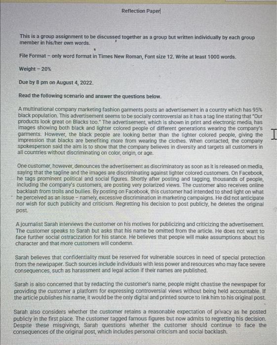 Reflection Paper| This is a group assignment to be | Chegg.com