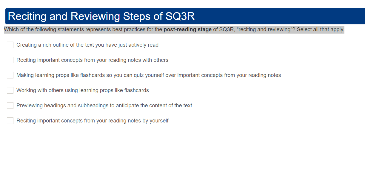 Reciting and Reviewing Steps of SQ3RWhich of the | Chegg.com