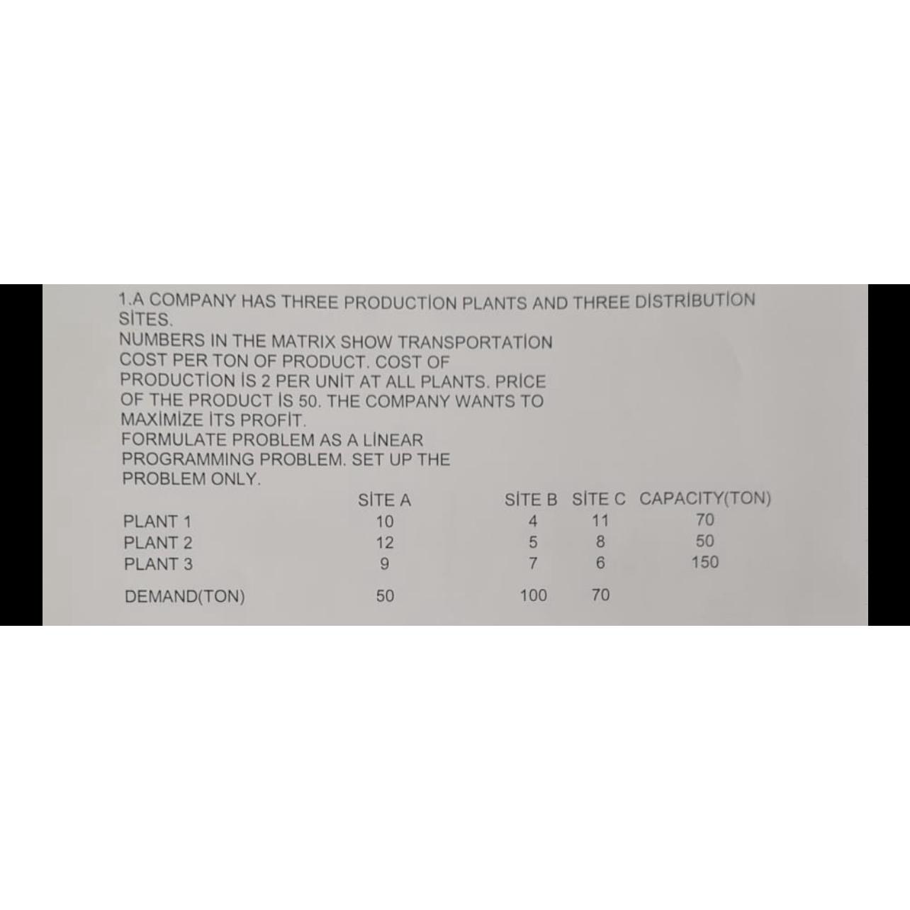 Solved 1.A COMPANY HAS THREE PRODUCTION PLANTS AND THREE | Chegg.com