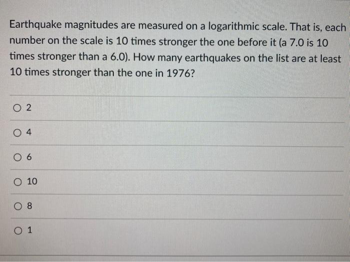 Solved Earthquake magnitudes are measured on a logarithmic | Chegg.com