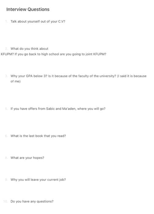 Interview Questions Talk about yourself out of your | Chegg.com