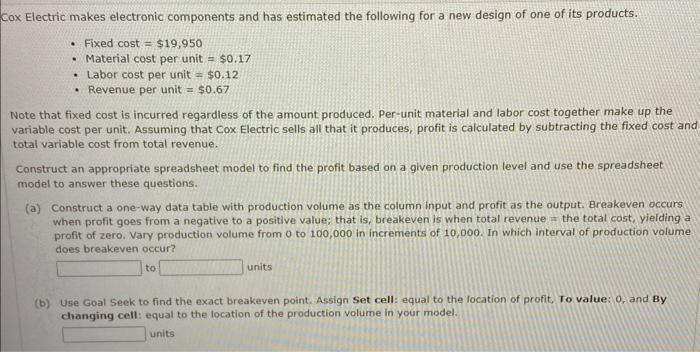 Solved Cox Electric makes electronic components and has | Chegg.com
