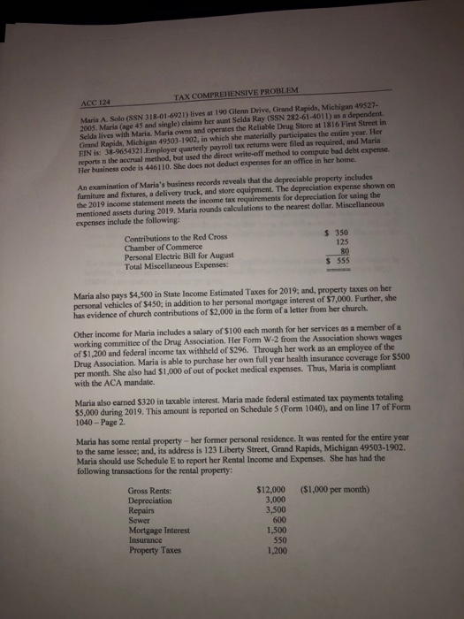 MEC 124 TAX CONSIVE FROM 25. Maria live with Maria | Chegg.com