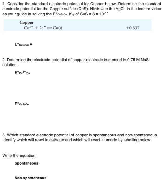 Solved Consider the standard electrode potential for Copper | Chegg.com