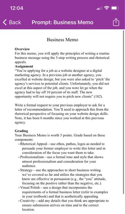 Solved 12:04 Back Prompt: Business Memo Business Memo | Chegg.com