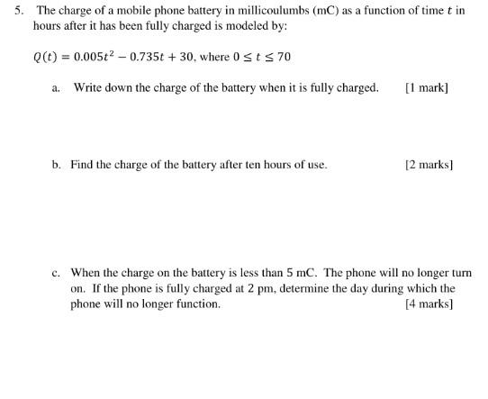 Solved 5. The charge of a mobile phone battery in | Chegg.com