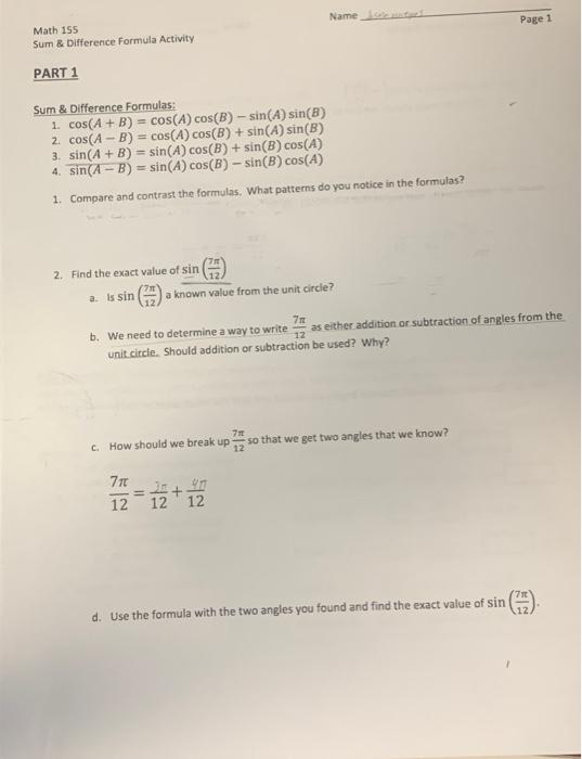 Solved Name Page 1 Math 155 Sum & Difference Formula | Chegg.com