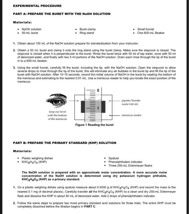 Solved EXPERIMENTAL PROCEDURE PART A: PREPARE THE BURET WITH | Chegg.com