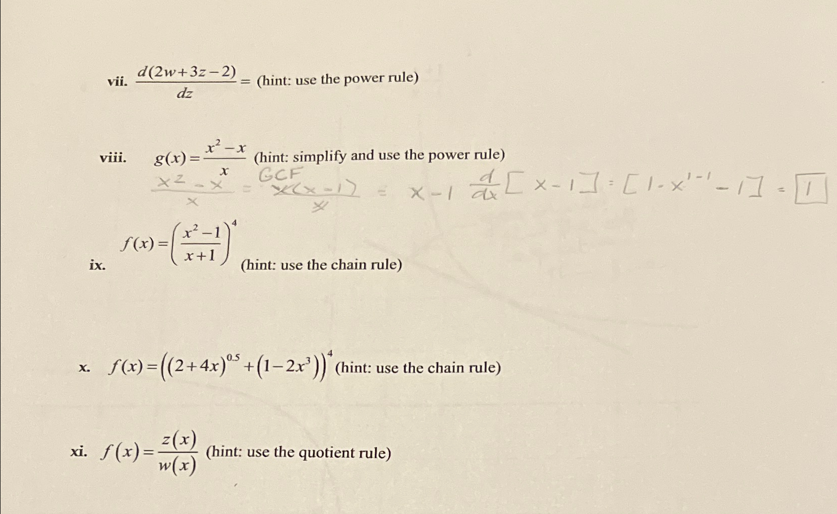 Solved vii. d(2w+3z-2)dz= (hint: use the power rule)viii. | Chegg.com