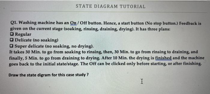 Solved STATE DIAGRAM TUTORIAL Q1. Washing machine has an | Chegg.com