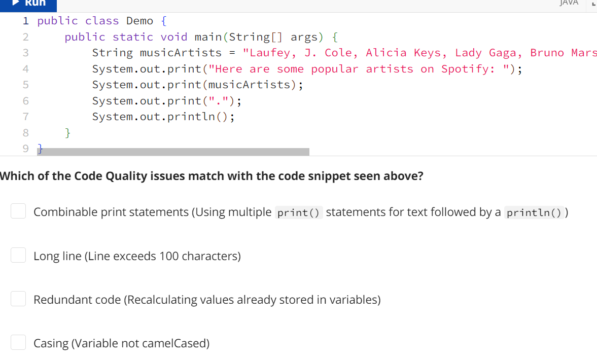 Solved Which of the Code Quality issues match with the code | Chegg.com