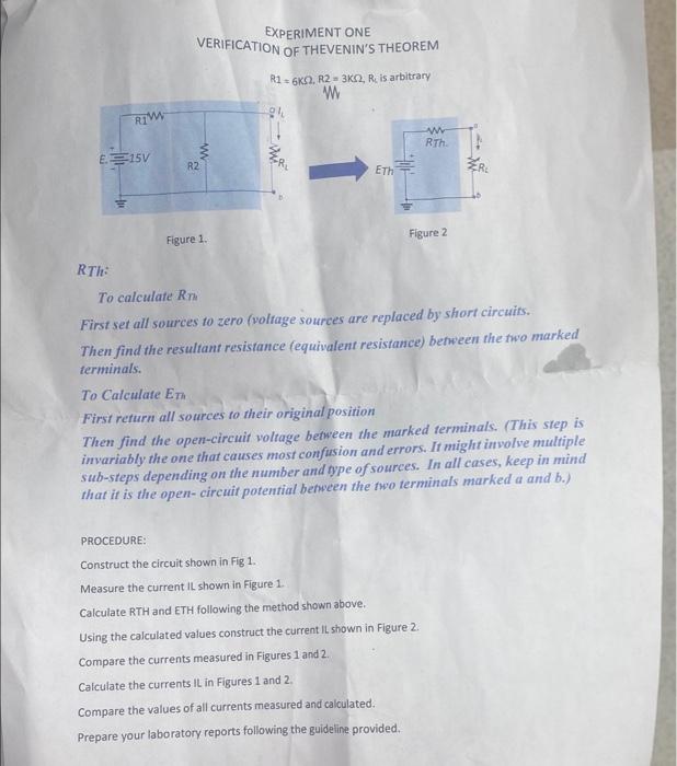 Solved EXPERIMENT ONE VERIFICATION OF THEVENIN'S THEOREM | Chegg.com