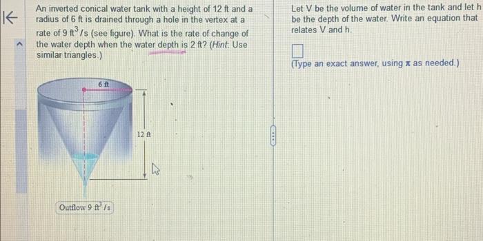 Solved An inverted conical water tank with a height of 12ft | Chegg.com