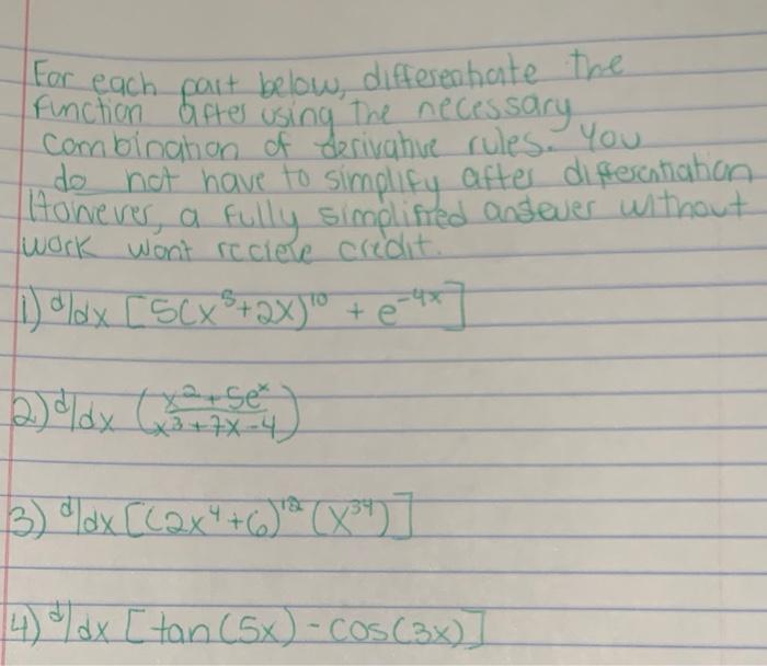 Solved For each part below, differentiate the function after | Chegg.com