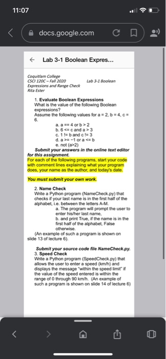 Solved 11:07 docs.google.com сд Lab 3-1 Boolean Expres... | Chegg.com
