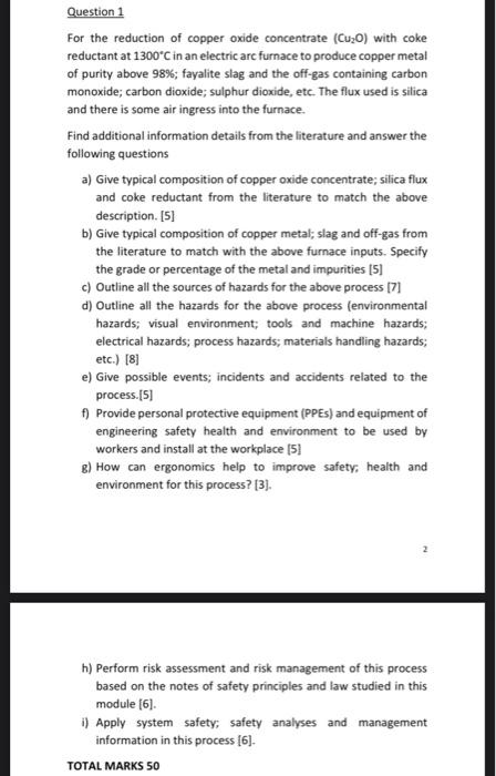 Solved For the reduction of copper oxide concentrate (Cu2O) | Chegg.com