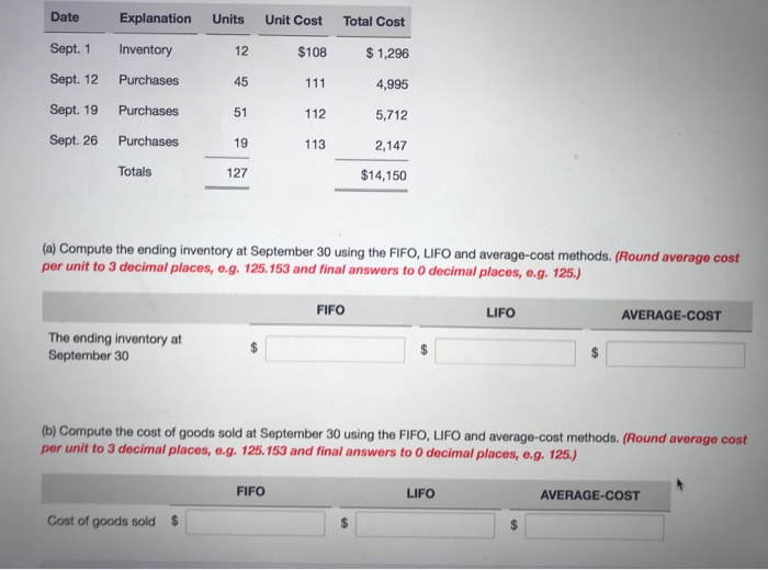Date Explanation Units Unit Cost Total Cost Sept. 1 | Chegg.com