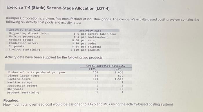 Solved Exercise 7-4 (Static) Second-Stage Allocation [LO7-4] | Chegg.com