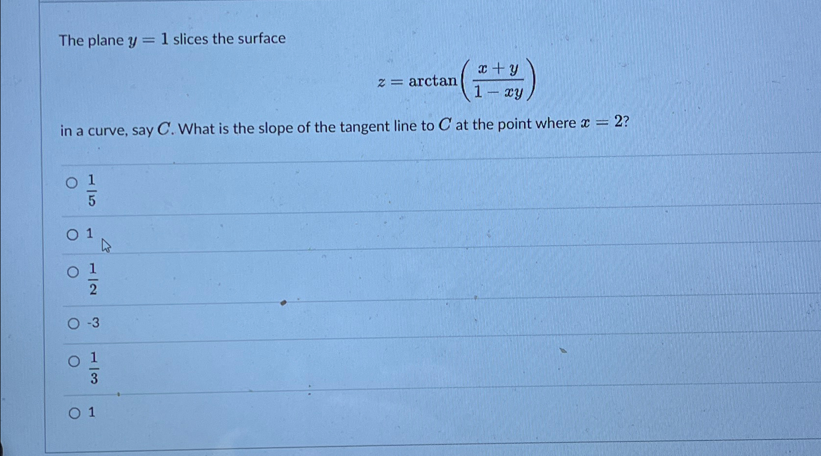 Solved The plane y=1 ﻿slices the surfacez=arctan(x+y1-xy)in | Chegg.com