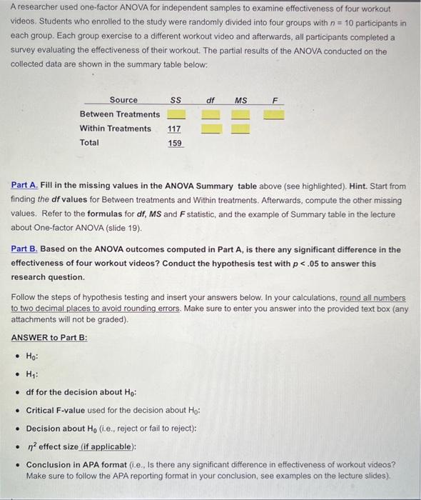 Solved A researcher used one-factor ANOVA for independent | Chegg.com