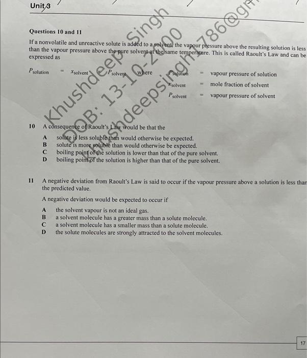 Solved Questions 10 and 11 If a nonvolatile and unreactive | Chegg.com