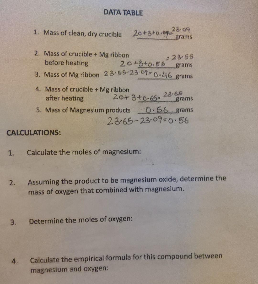 Solved DATA TABLE 1. Mass of clean, dry crucible 20+3+0.09= | Chegg.com