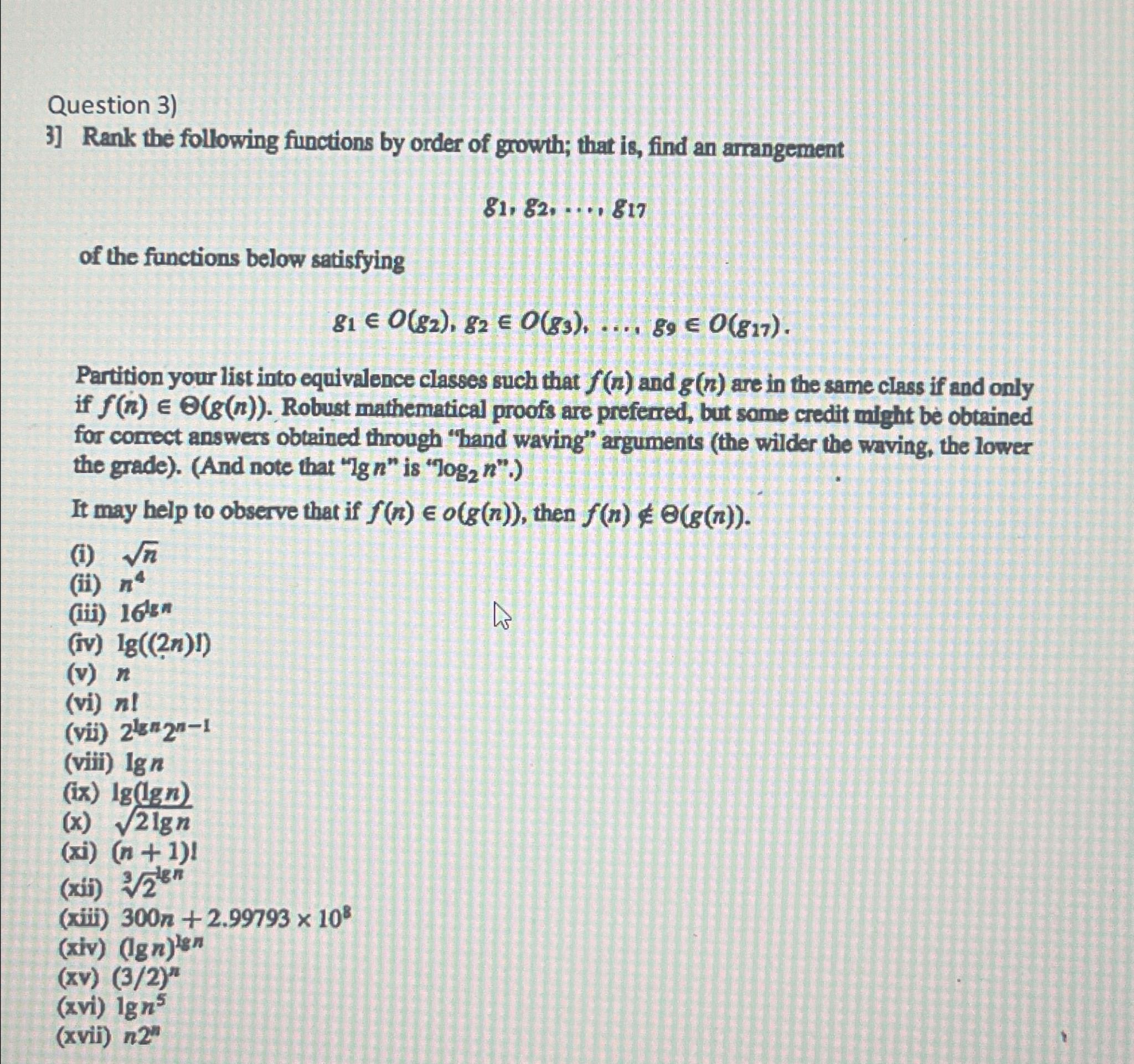 Solved Question 3)3] ﻿Rank the following functions by order | Chegg.com