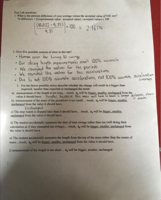 Solved Post Lab questions 1. What is the percent difference | Chegg.com