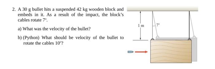 Solved 2. A 30 g bullet hits a suspended 42 kg wooden block | Chegg.com