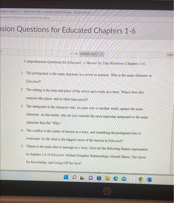 Comprehension Questions for Educated: A Memoir by | Chegg.com