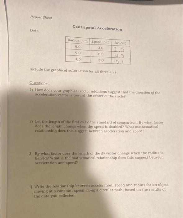 Solved Report Sheet Data: Centripetal Acceleration Include | Chegg.com