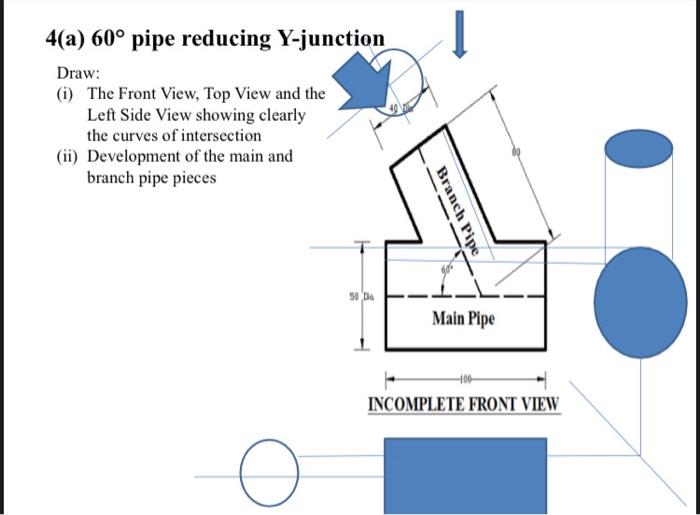 Solved 4(a) 60° pipe reducing Y-junction Draw: (i) The Front | Chegg.com