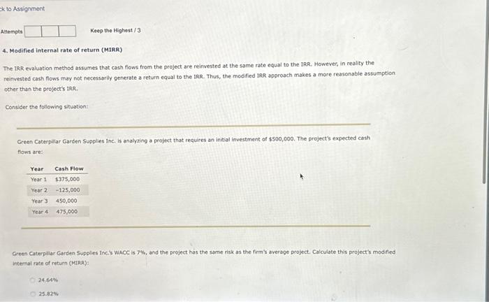 Solved 4 Modified Internal Rate Of Return Mirr The Irr