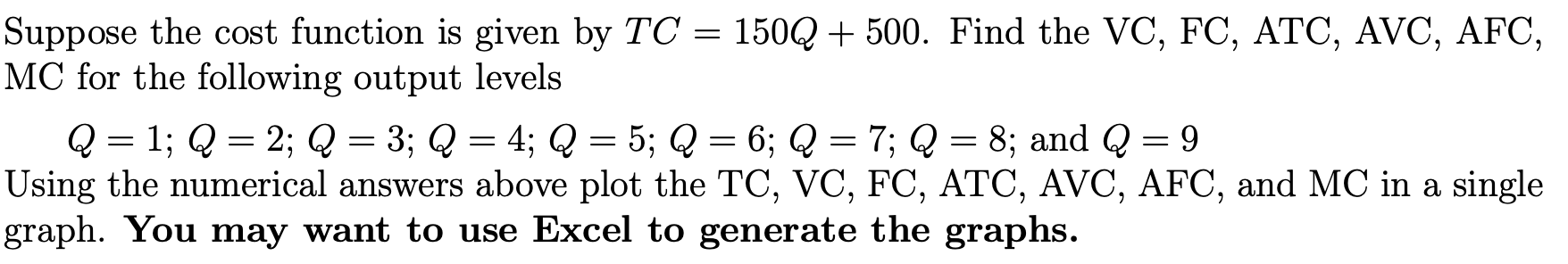 Solved Suppose the cost function is given by TC=150Q+500. | Chegg.com