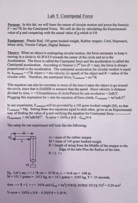 Solved Lab 5: Centripetal Force Purpose: In this lab, we | Chegg.com