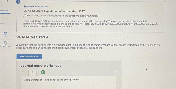 Required information QS 12-13 (Algo) Liquidation of | Chegg.com
