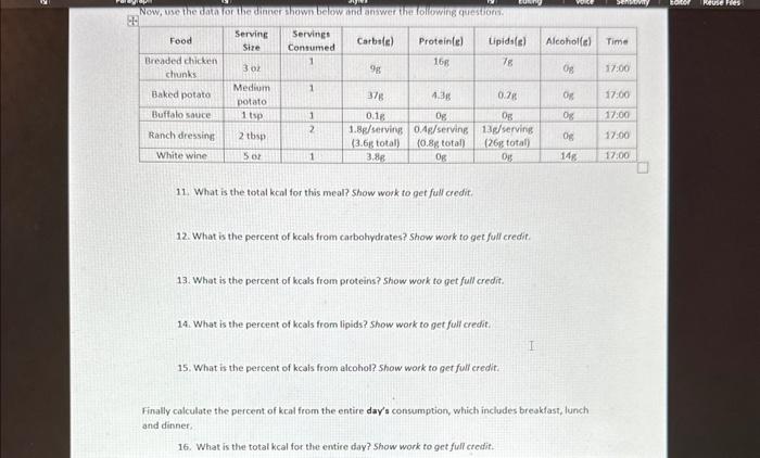 Solved 11. What is the total kcal for this meal? Show work | Chegg.com