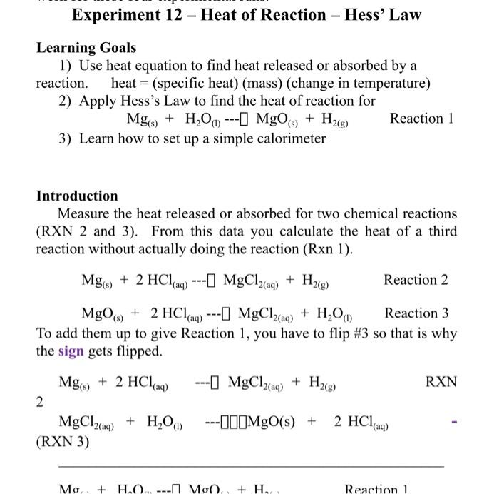 Solved Experiment 12 - Heat of Reaction - Hess' Law Learning | Chegg.com