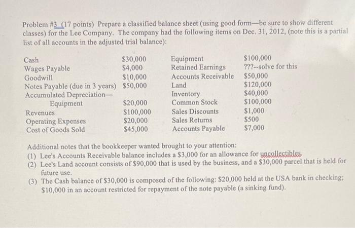 Solved Problem \#3 (17 points) Prepare a classified balance | Chegg.com