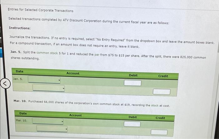 Solved Entries for Selected Corporate Transactions Selected | Chegg.com