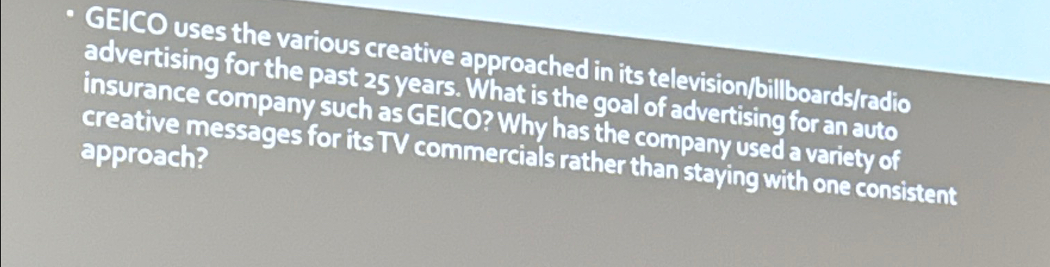 Solved GEICO uses the various creative approached in its | Chegg.com