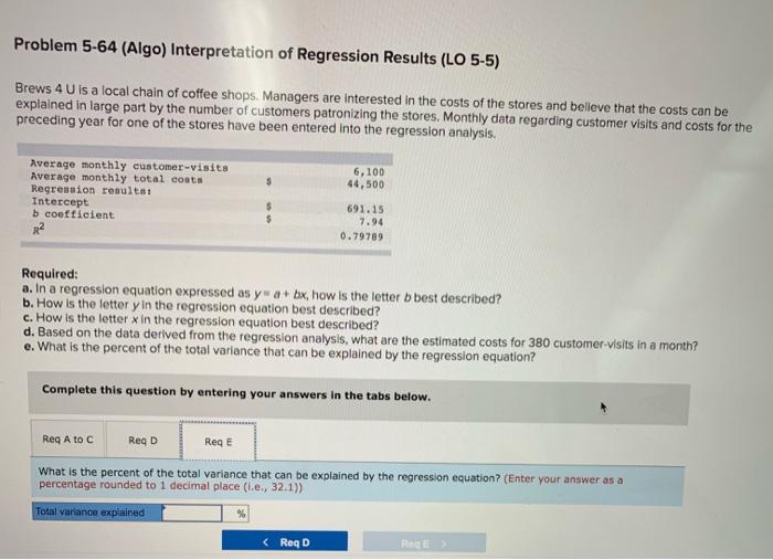 Solved Problem 5-64 (Algo) Interpretation of Regression | Chegg.com