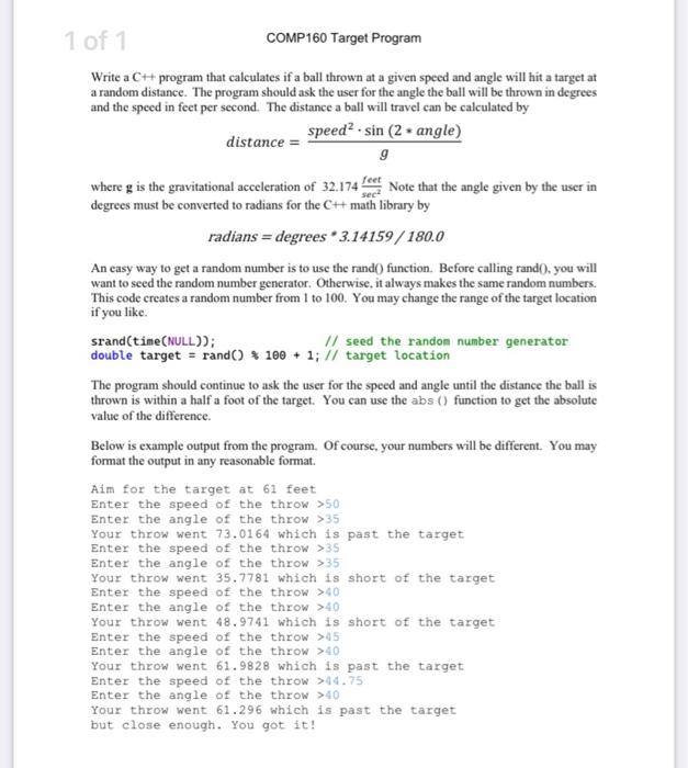 Solved 1 Of 1 Comp160 Target Program Write A C Program 
