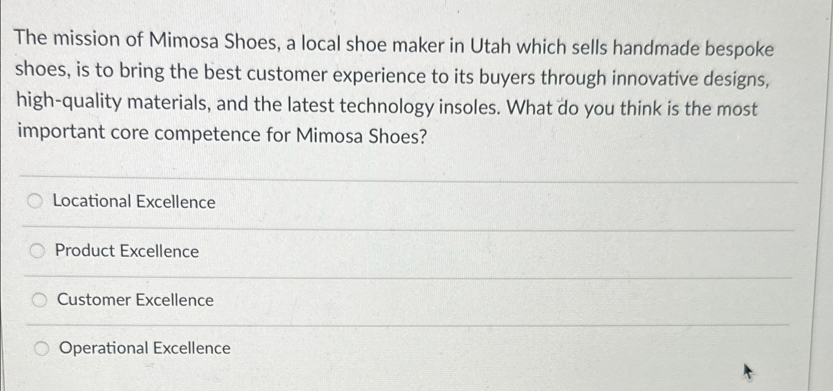 Solved The mission of Mimosa Shoes, a local shoe maker in | Chegg.com