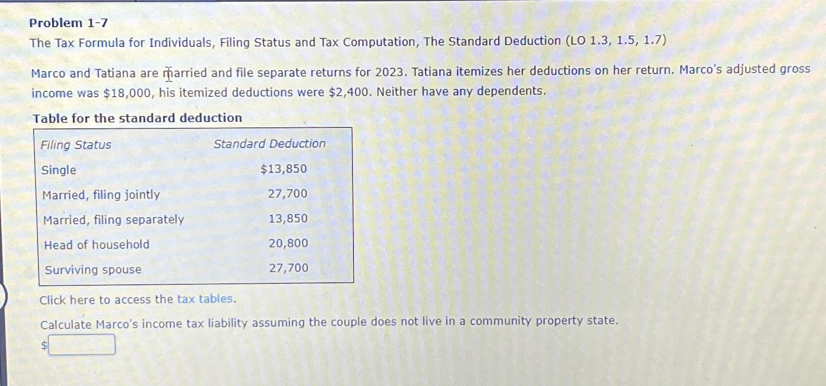 Solved Problem 1-7The Tax Formula for Individuals, Filing | Chegg.com Solved Problem 1-7The Tax Formula for Individuals, Filing | Chegg.com
