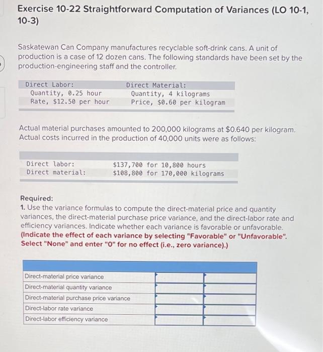 Solved Exercise 10-22 Straightforward Computation of | Chegg.com