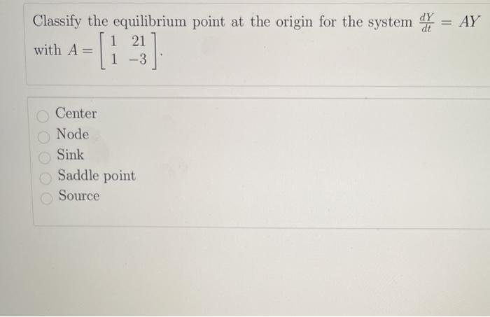 Solved Classify the equilibrium point at the origin for the | Chegg.com