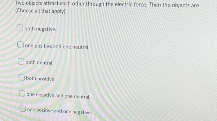 Solved Two objects attract each other through the electric | Chegg.com