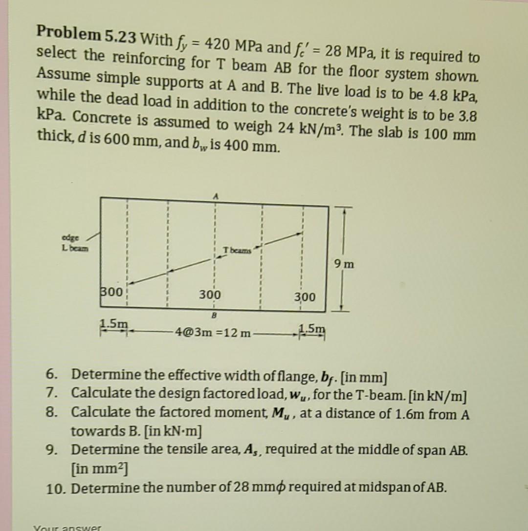 Solved = Problem 5.23 With fy = 420 MPa and fo' = 28 MPa, it | Chegg.com